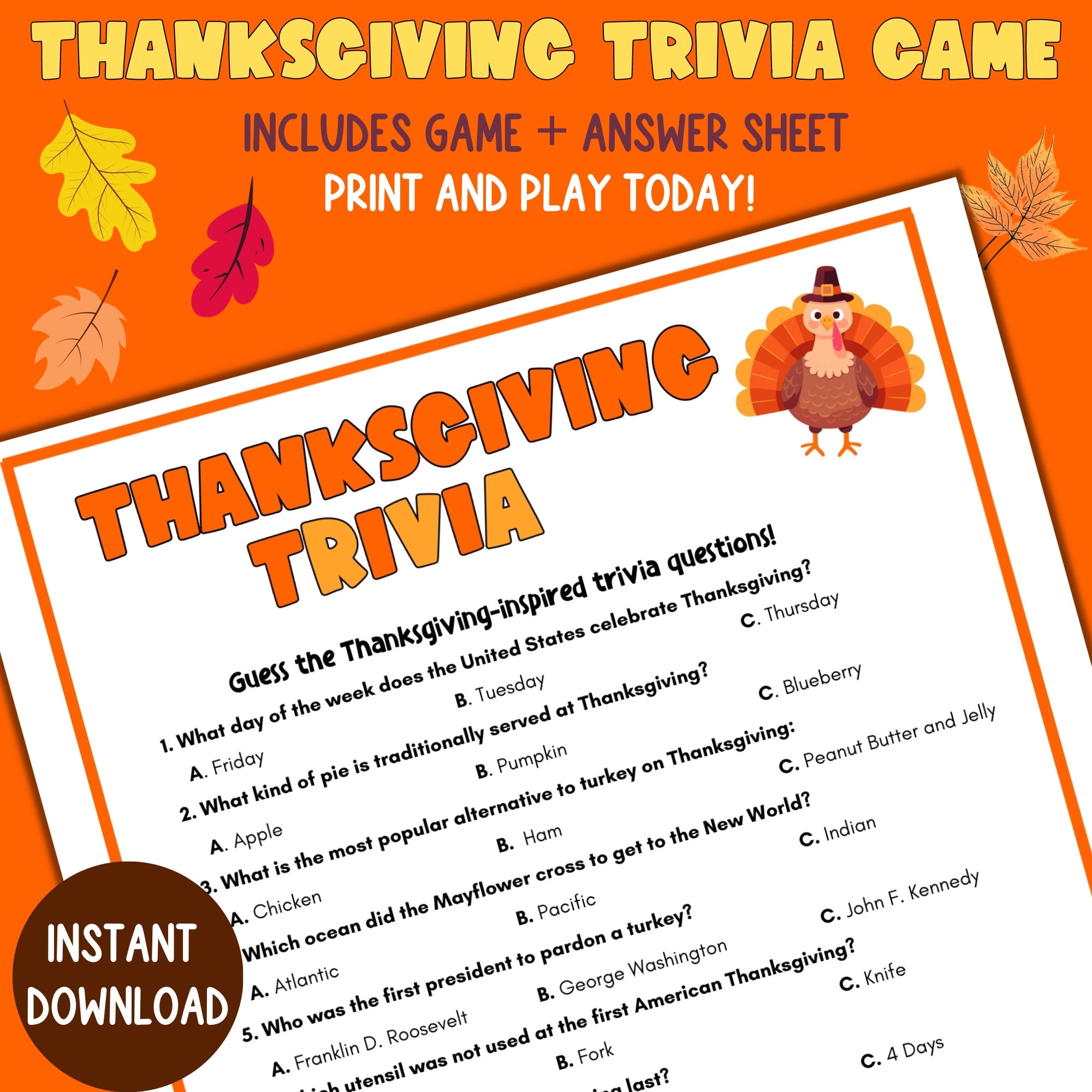Thanksgiving Trivia Game, Printable Thanksgiving Party Game ...