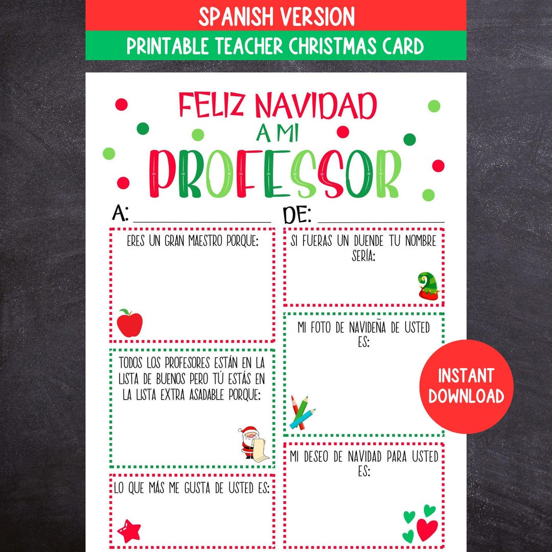 SPANISH Teacher Christmas Card, Printable Kids Christmas Card for ...