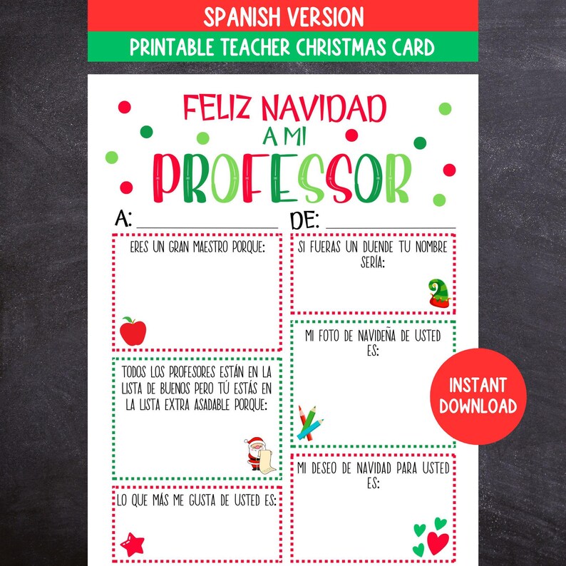 SPANISH Teacher Christmas Card, Printable Kids Christmas Card for ...