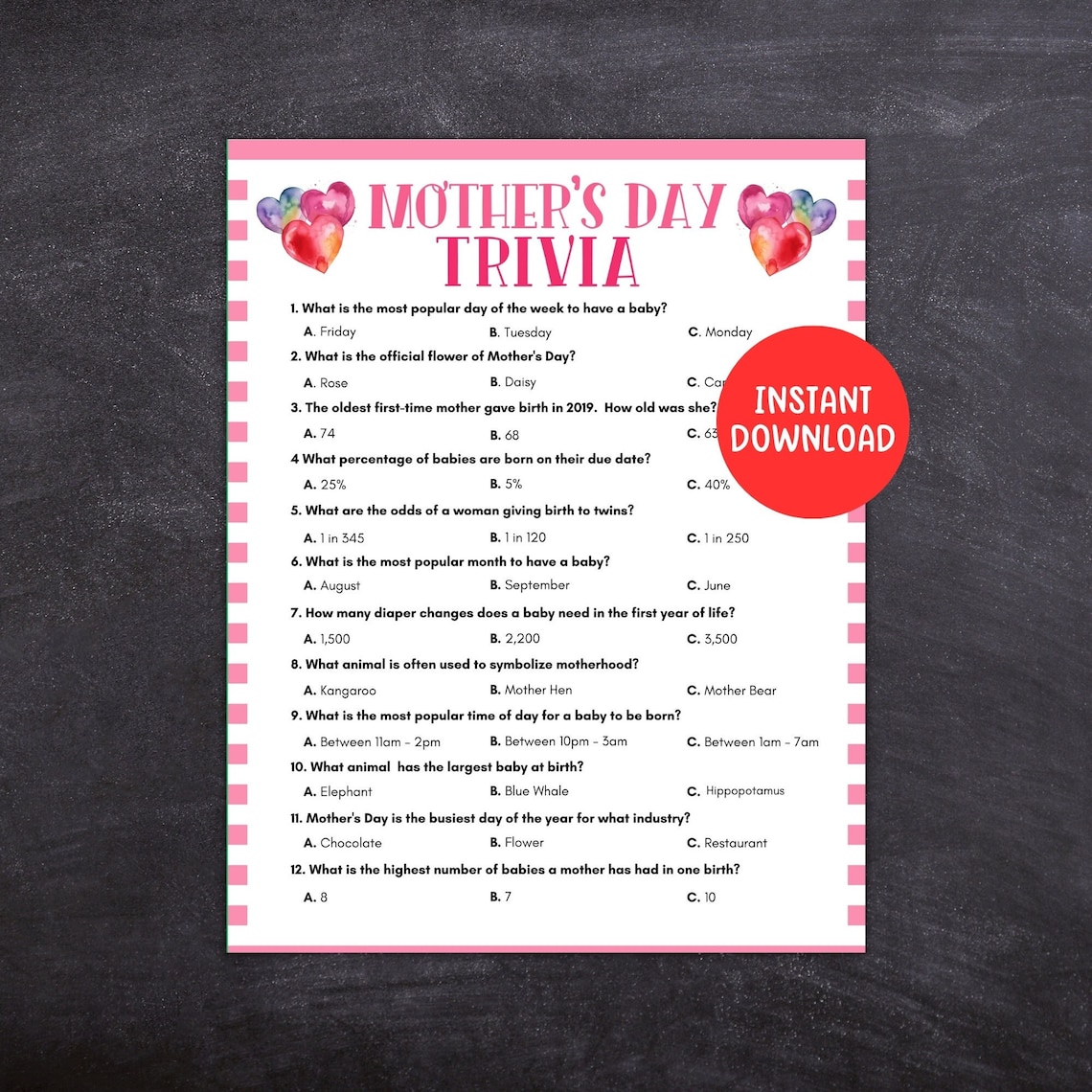 Mothers Day Trivia Game, Printable Mothers Day Game, Trivia Game ...