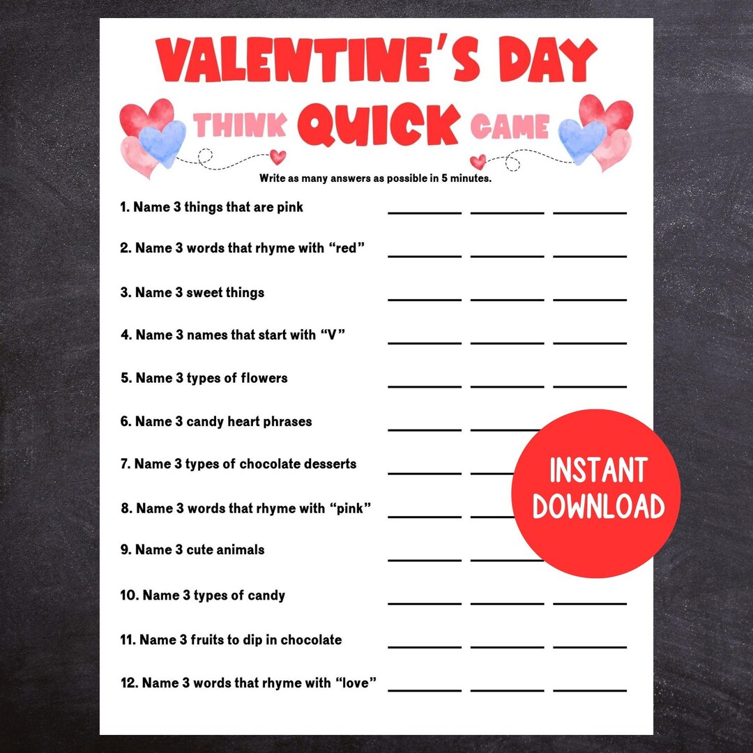 Valentine's Think Quick Game, Printable Valentine's Game, Valentine's ...