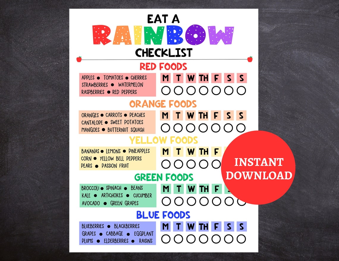 Healthy Eating Checklist, Printable Eat A Rainbow Checklist for Kids ...