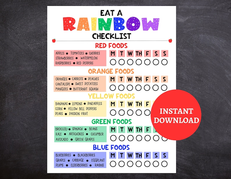 Healthy Eating Checklist, Printable Eat A Rainbow Checklist for Kids ...