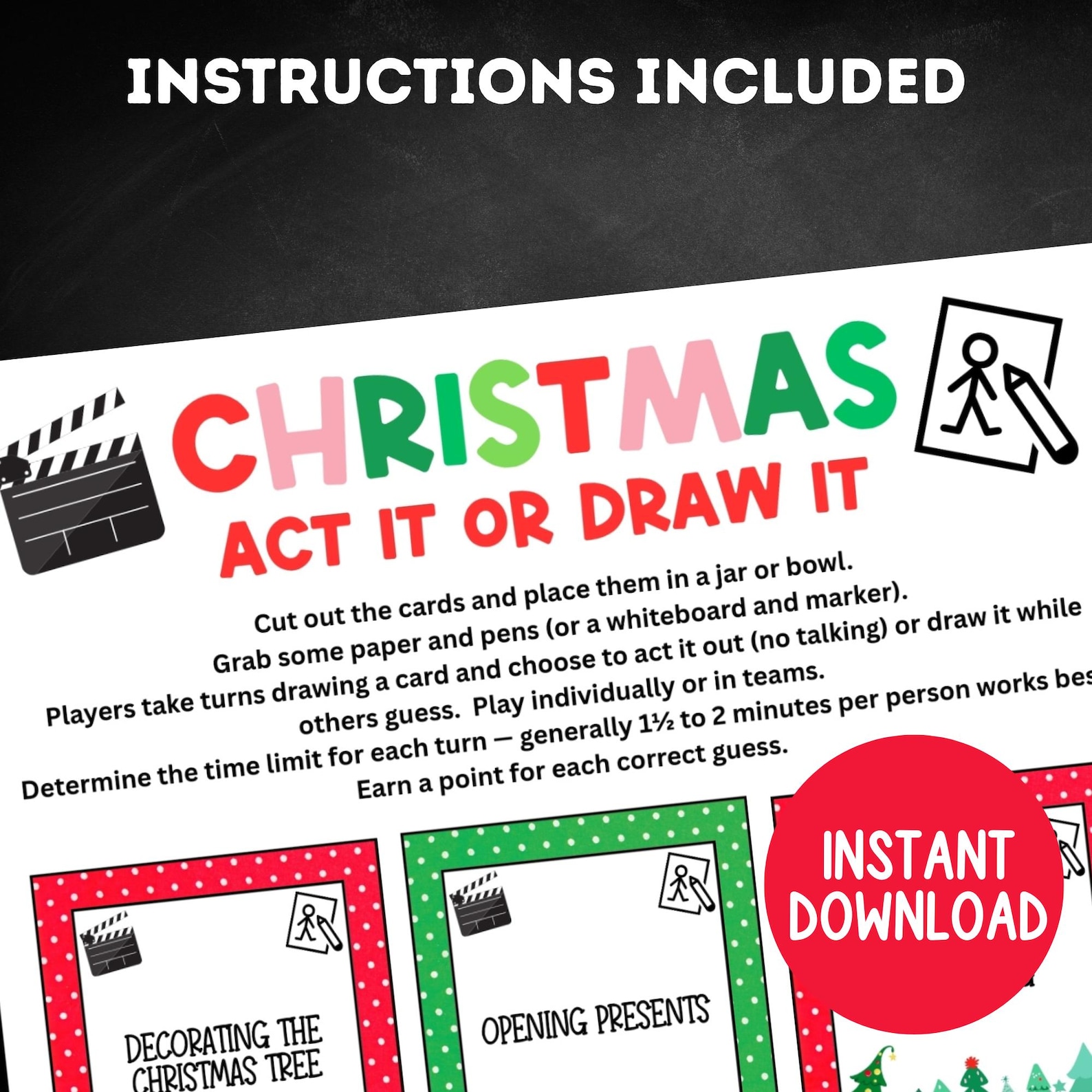 Christmas Charades Game, Printable Christmas Act It or Draw It Game ...