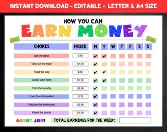 How to Earn Money Chore Chart Responsibility Chart for Kids ...