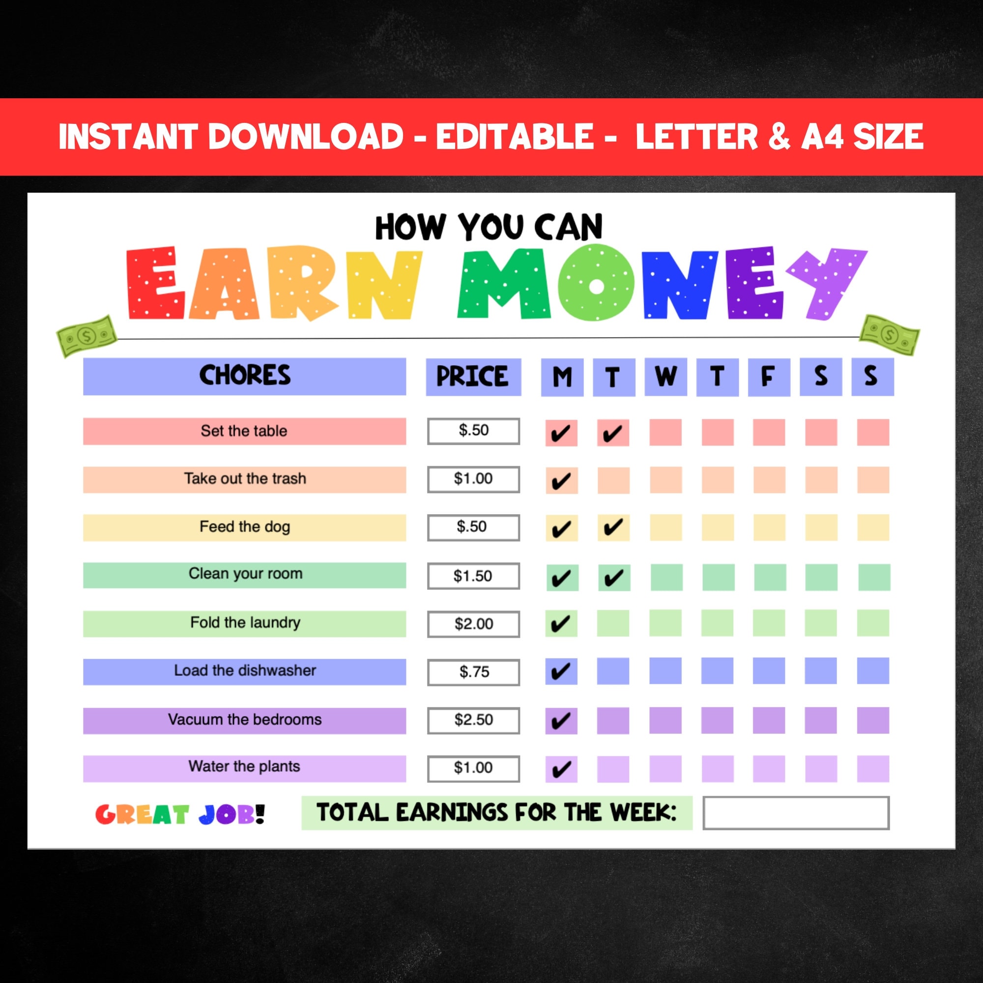 How to Earn Money Chore Chart, Editable Allowance Chore Chart for Kids ...