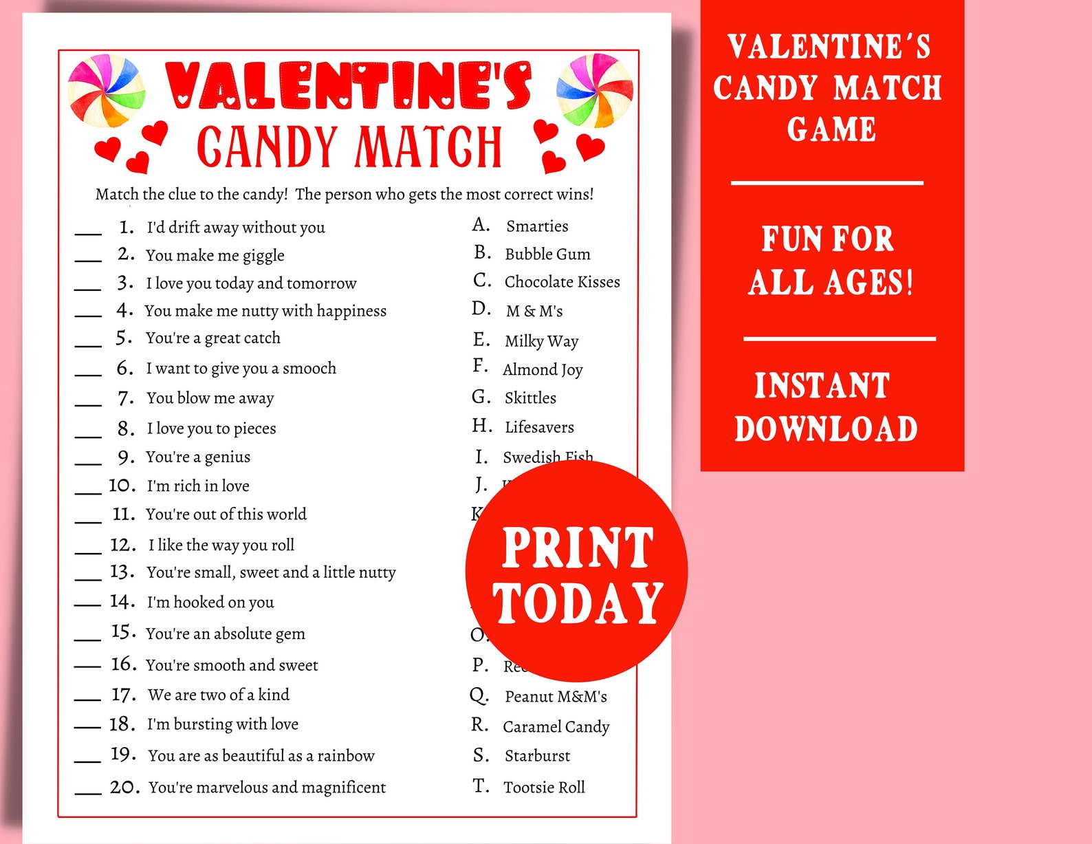 Valentine's Candy Trivia Game, Virtual or Printable Valentine's Day ...