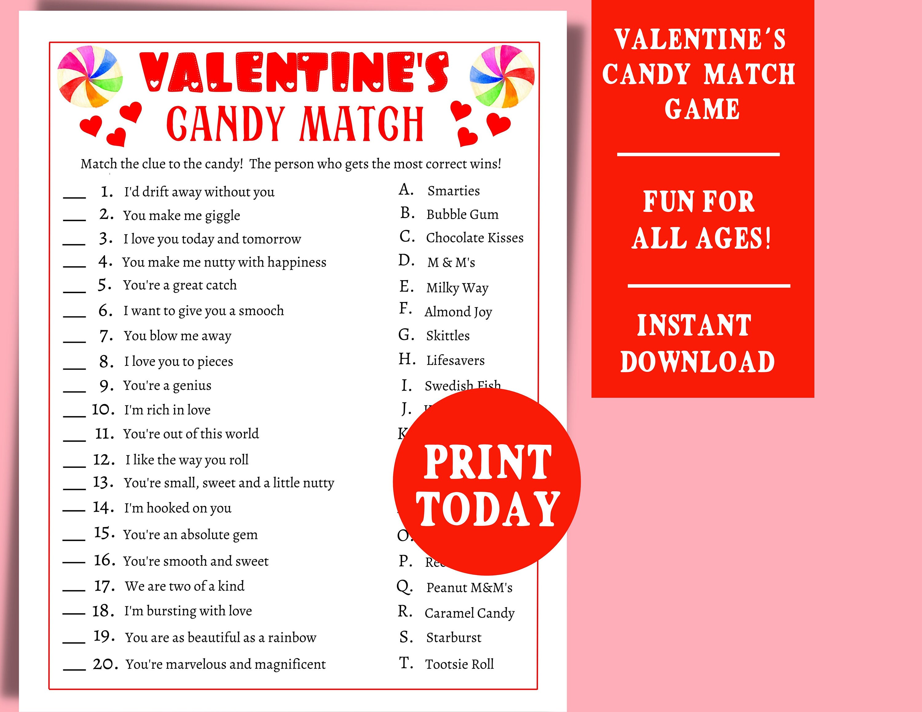 Valentine's Candy Trivia Game, Virtual or Printable Valentine's Day ...