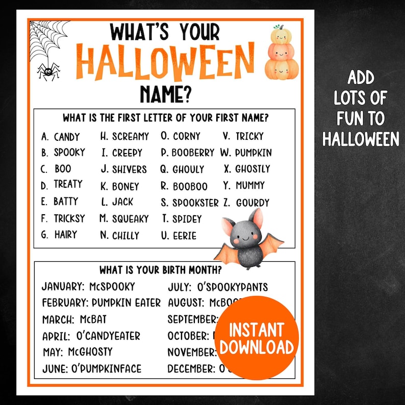 Halloween Name Game WITH Name Tags & Sign, Halloween Party Game ...