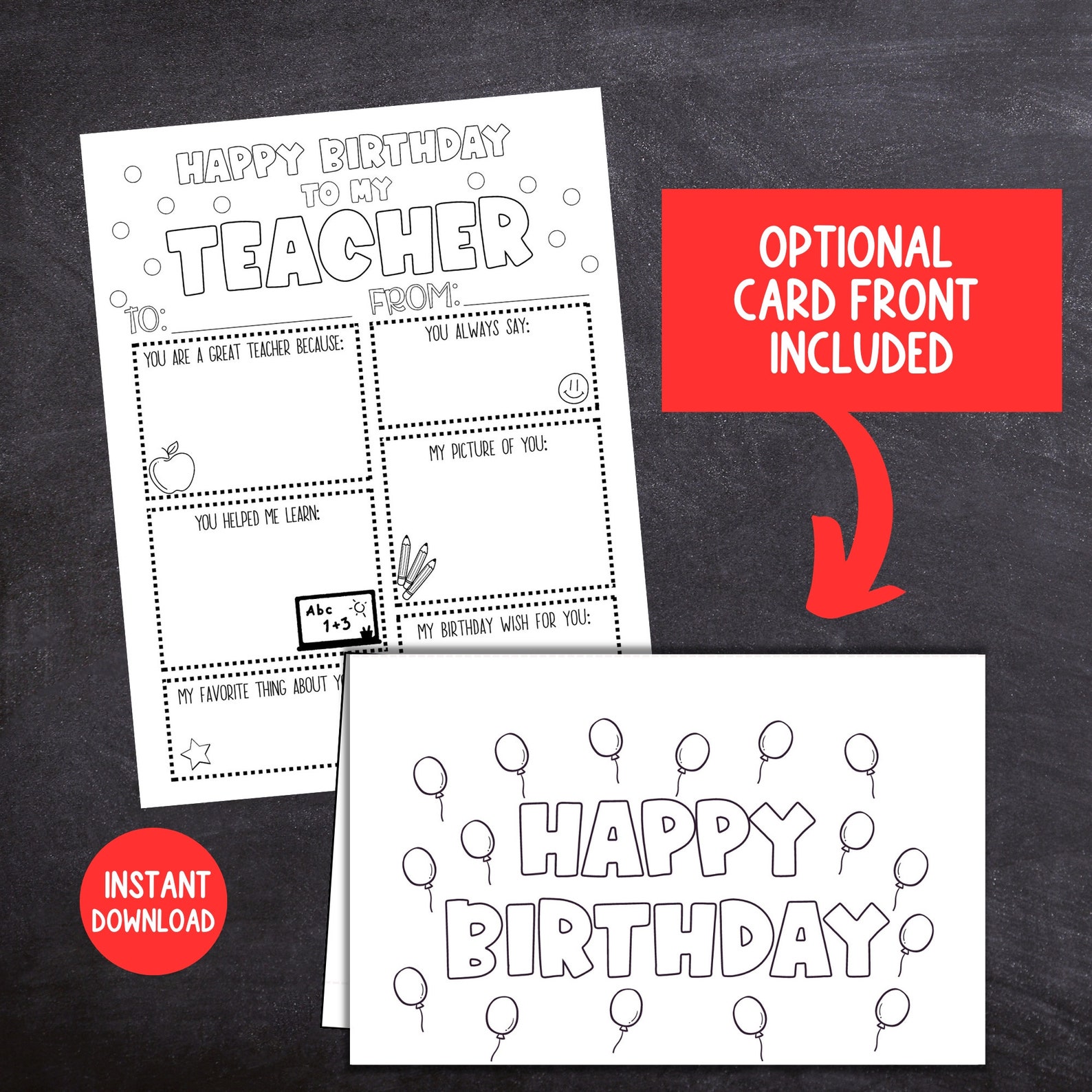 Teacher Birthday Coloring Card, Printable Kids Birthday Card for ...