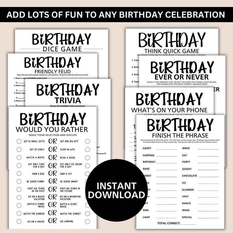 Birthday Party Games, Printable Birthday Game Bundle, Birthday Party ...