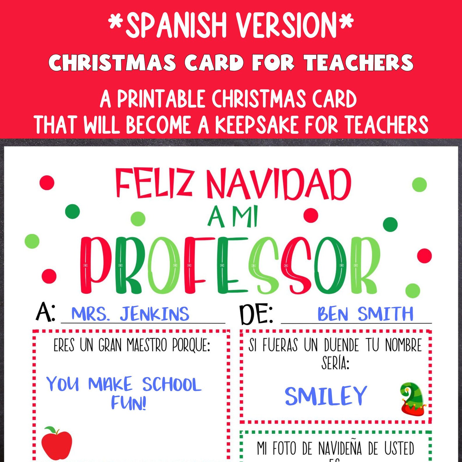 SPANISH Teacher Christmas Card, Printable Kids Christmas Card for ...