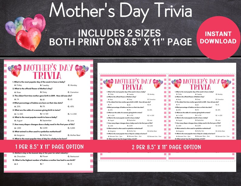 Mothers Day Trivia Game, Printable Mothers Day Game, Trivia Game ...