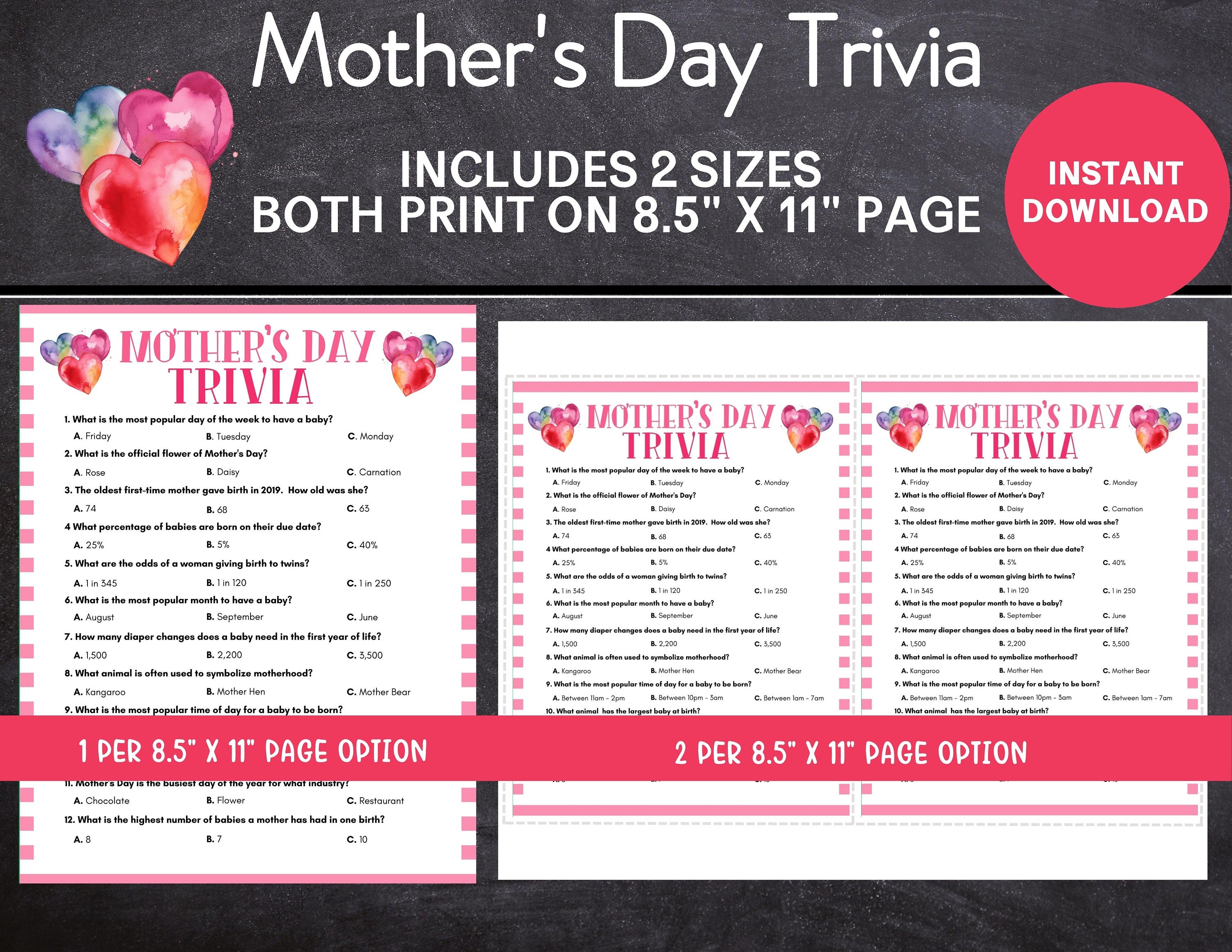 Mothers Day Trivia Game, Printable Mothers Day Game, Trivia Game ...