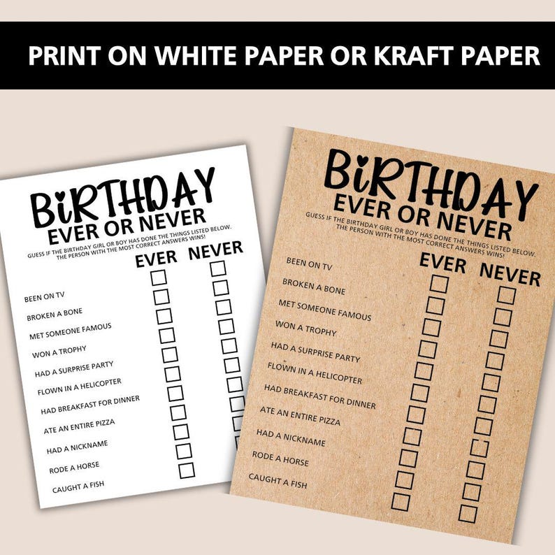 Birthday Game, Printable Birthday Party Game, Ever or Never Game, Kids ...