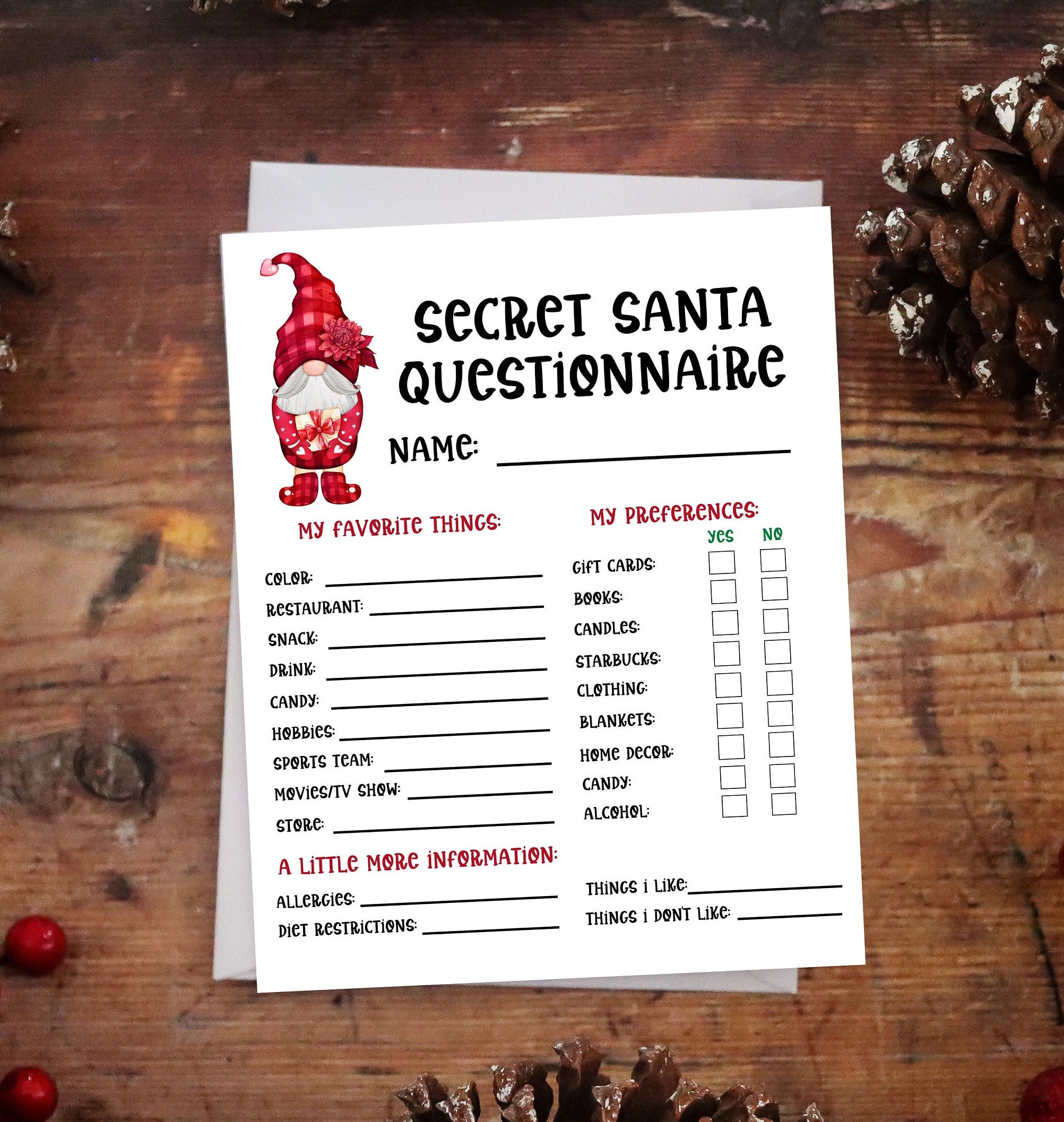 Printable Secret Santa Questionnaire for Christmas Gift Exchange ...