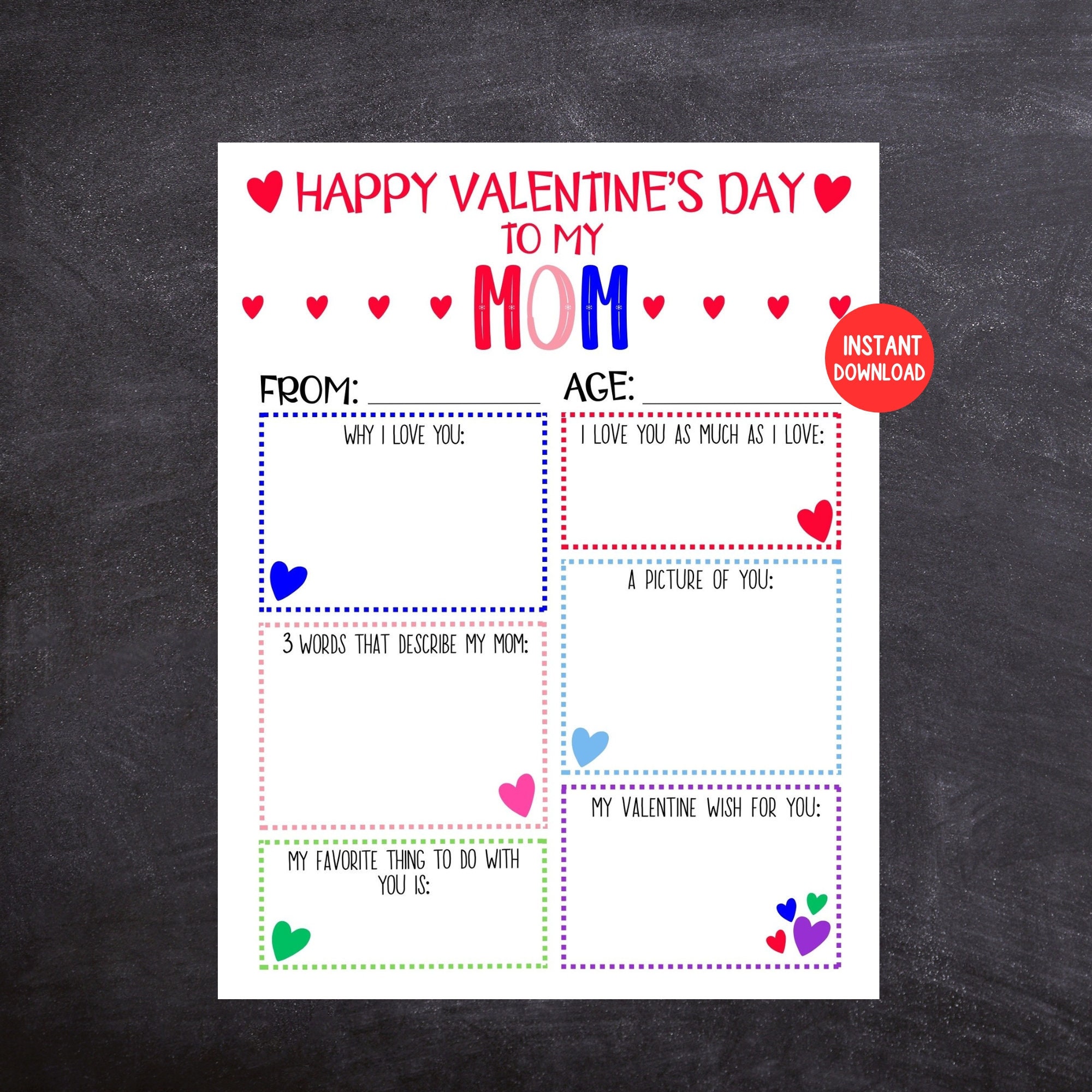 Kids Valentines Card for Mom, Printable Mom Valentines Card, Keepsake ...