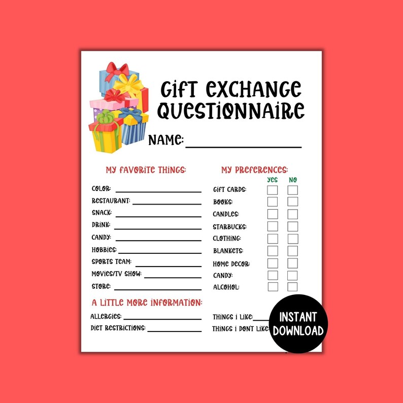 Gift Exchange Questionnaire, Christmas Secret Santa Form, Holiday Gift ...