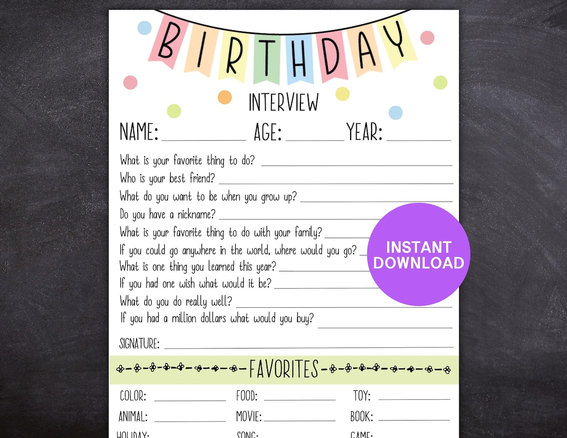 Kids Birthday Interview Printable Birthday Questionnaire - Etsy