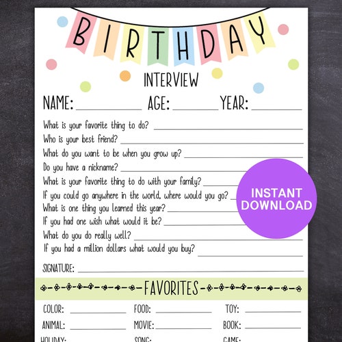 Kids Birthday Interview Printable Birthday Questionnaire - Etsy