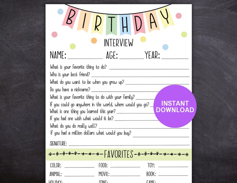 Kids Birthday Interview, Printable Birthday Questionnaire, Kids ...
