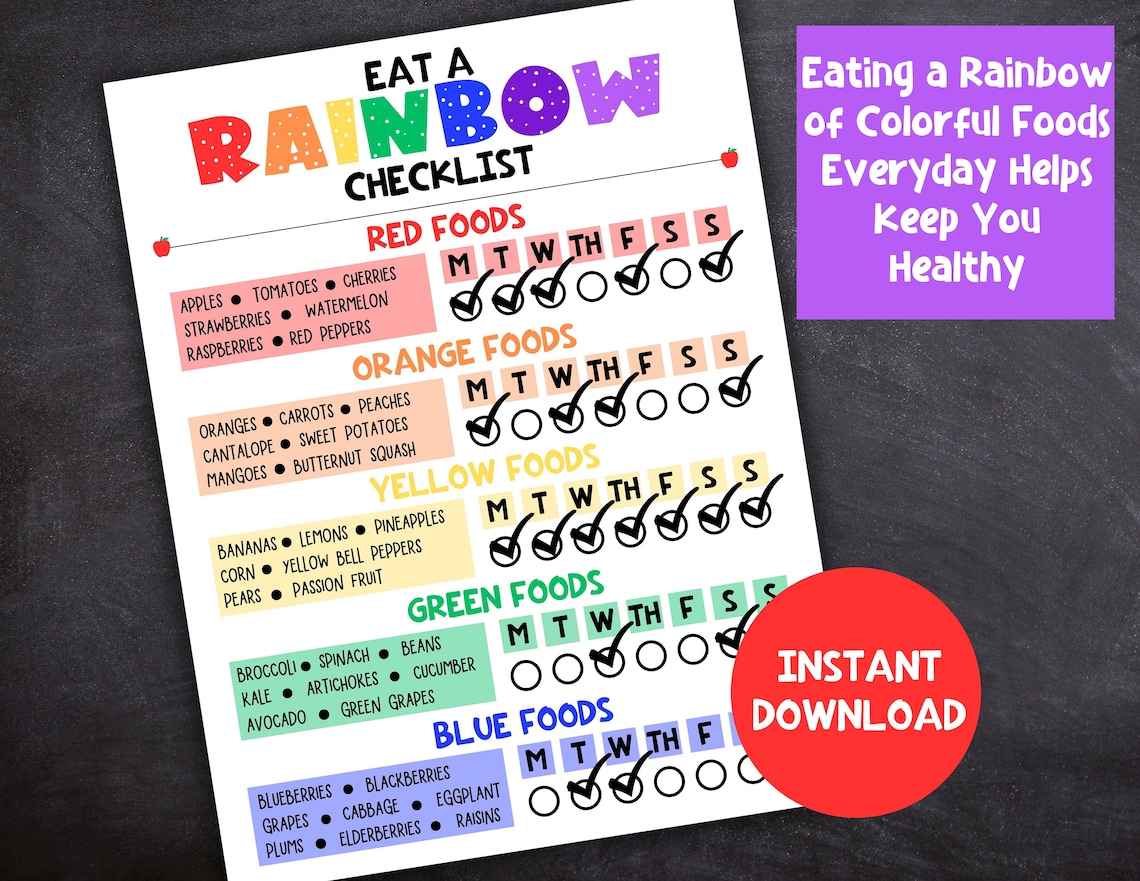 Healthy Eating Checklist, Printable Eat A Rainbow Checklist for Kids ...