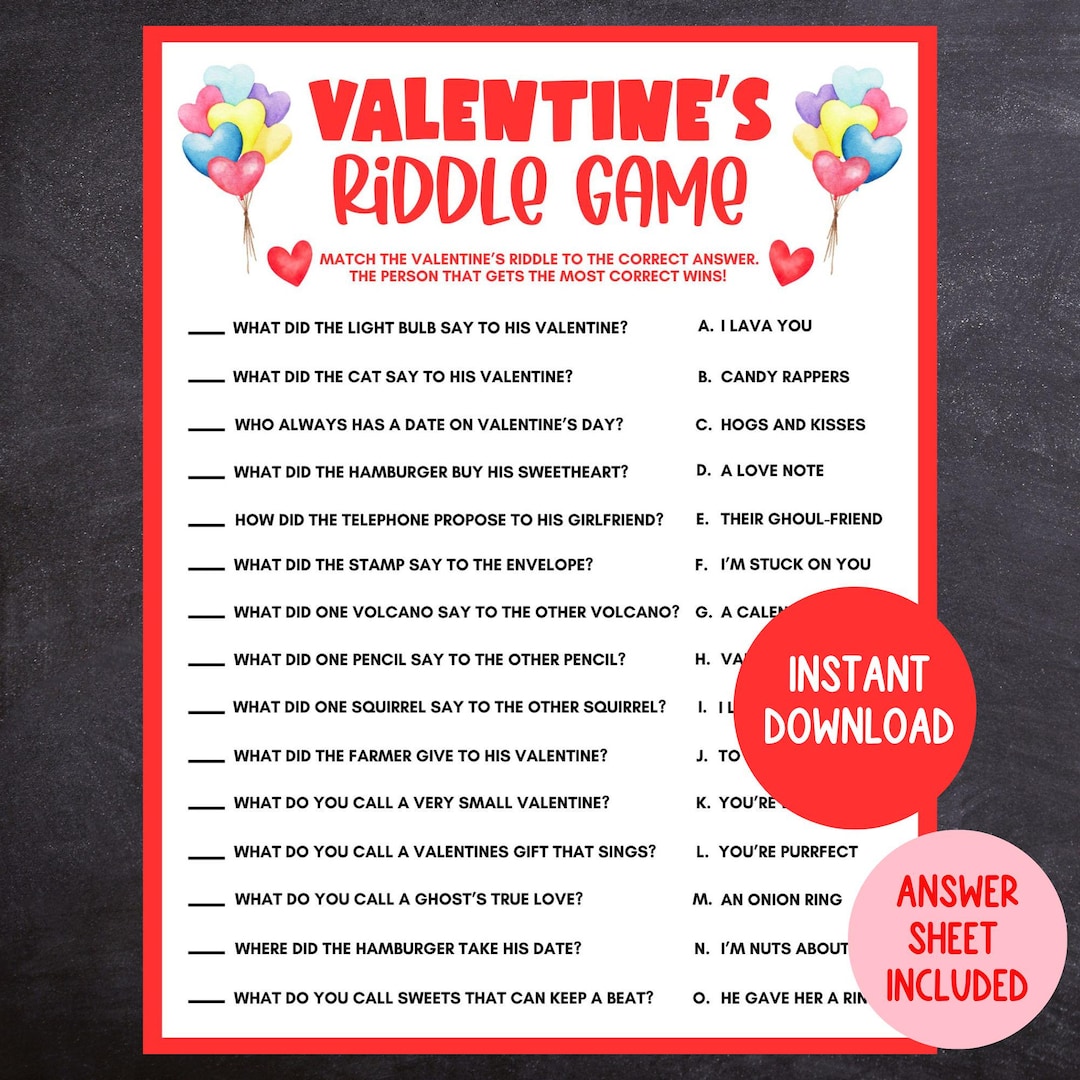 Valentine's Riddle Game, Printable Valentine's Day Party Game, Easy ...