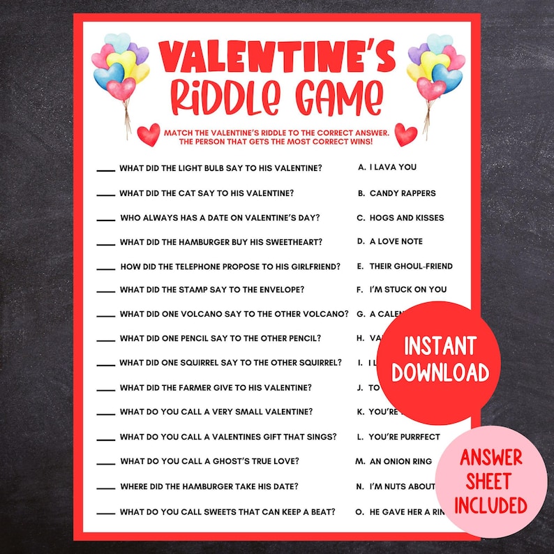 Valentine's Riddle Game, Printable Valentine's Day Party Game, Easy ...