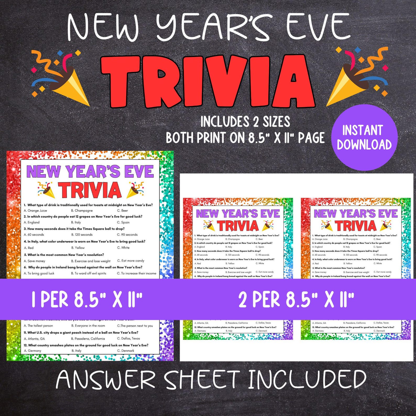 New Years Eve Trivia Game, Printable New Years Party Game, Easy New ...