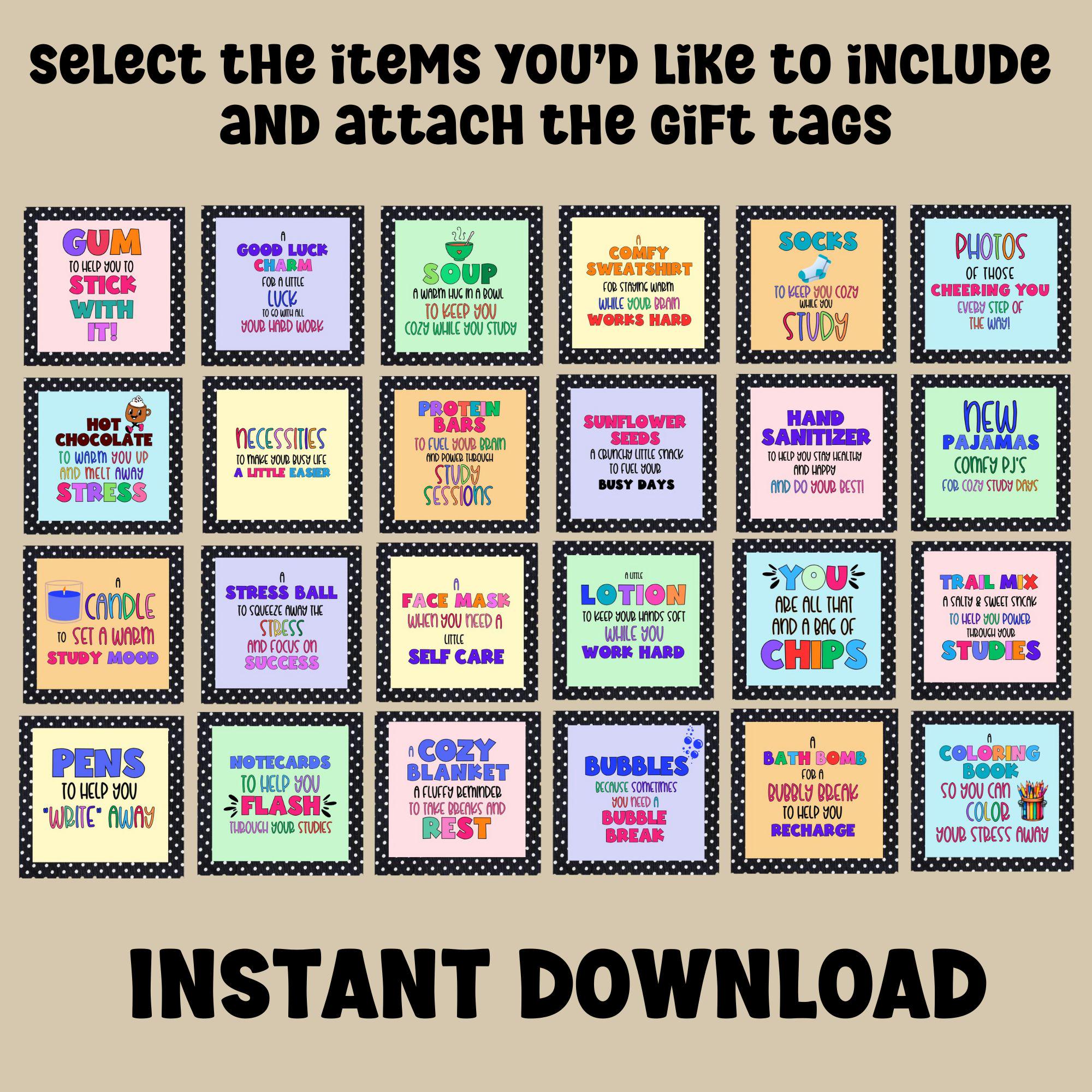 Final Exam Survival Kit Gift Tags, Printable College Care Gift Tags ...