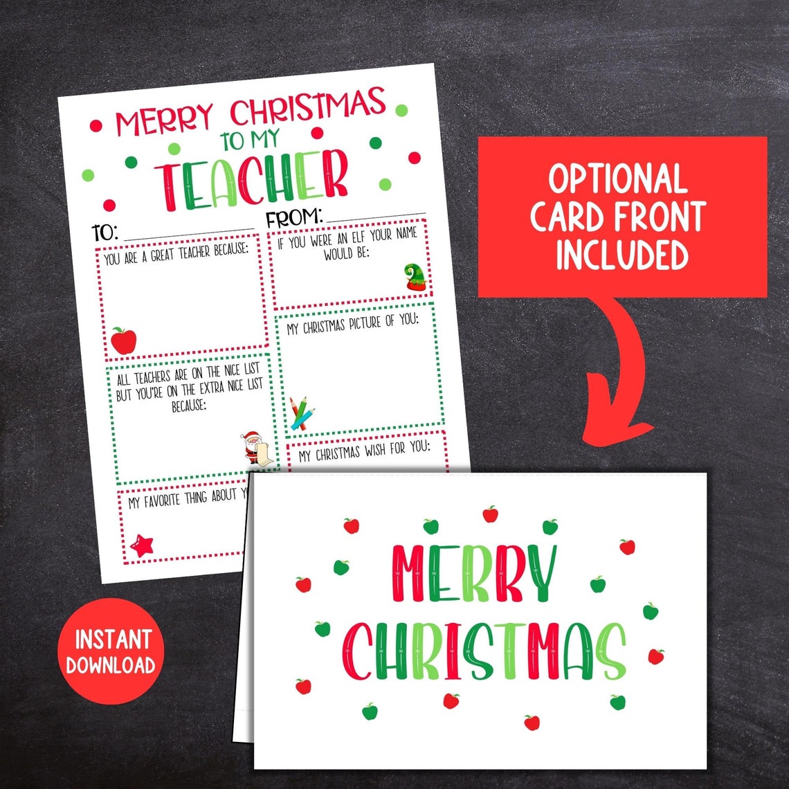 Teacher Christmas Card, Printable Kids Christmas Card for Teachers ...