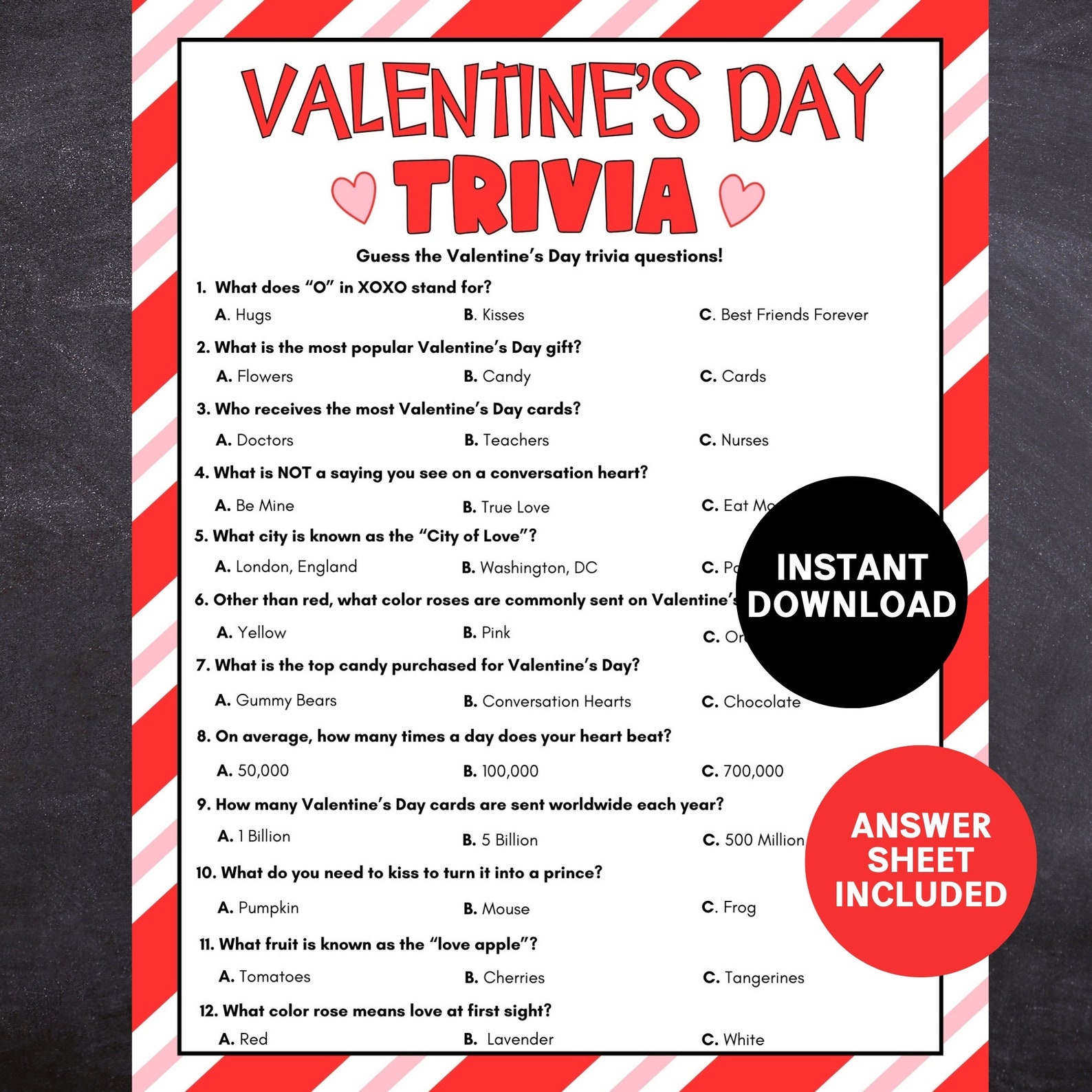 Valentine's Day Trivia Game, Printable Valentine's Party Game, Easy ...