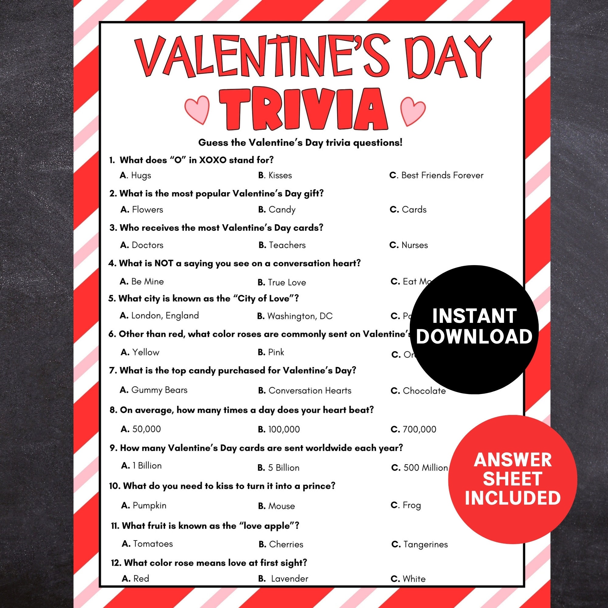 Valentines Day Trivia Game Printable Valentines Party Game Easy