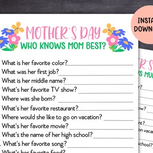 Mothers Day Game Printable Mothers Day Game Who Knows Mom - Etsy