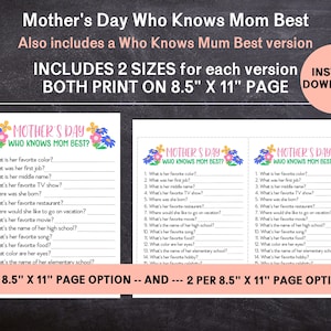 Mothers Day Game, Printable Mothers Day Game, Who Knows Mom Best, Who ...