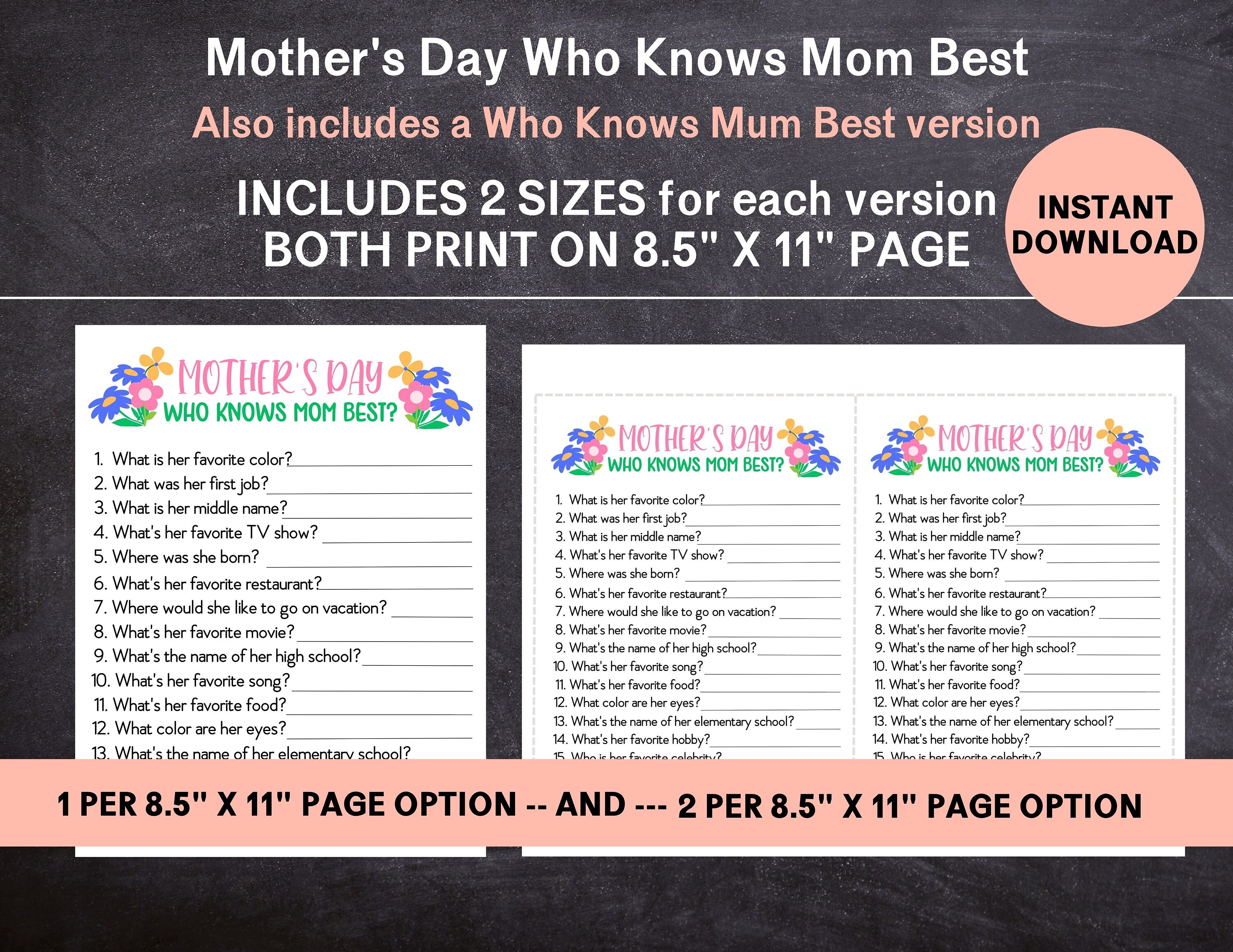 Mothers Day Game, Printable Mothers Day Game, Who Knows Mom Best, Who ...