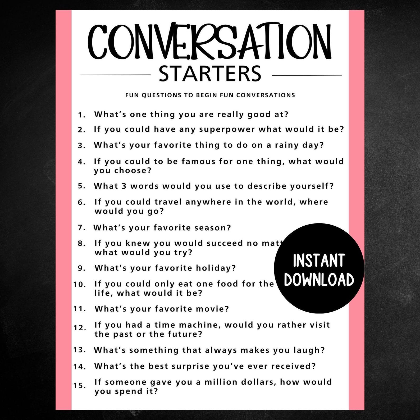 Conversation Starters, Printable Icebreakers, Party Starter Icebreakers ...