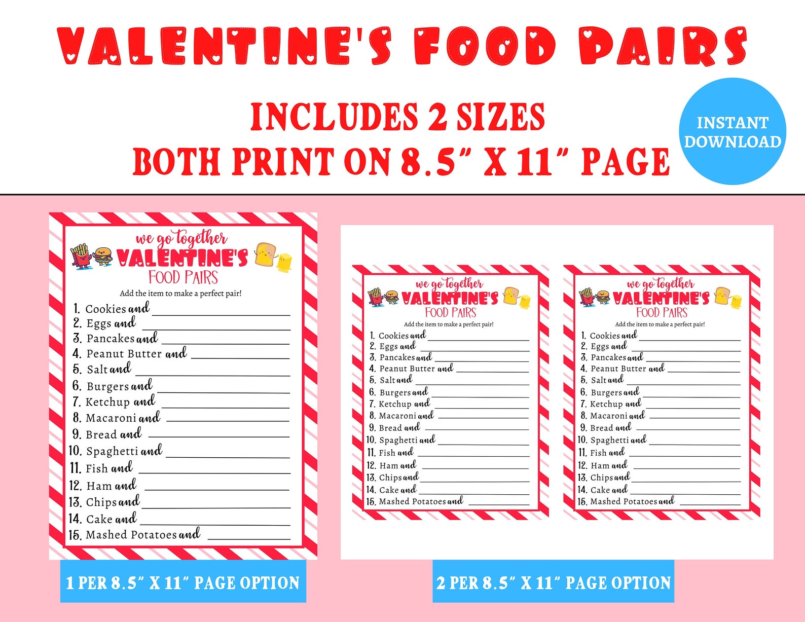 Valentine's Food Pairs Game, Fun Valentine's Game, Valentine's ...