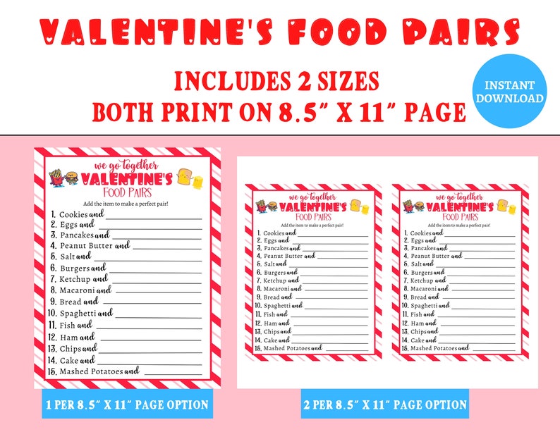 Valentine's Food Pairs Game, Fun Valentine's Game, Valentine's ...