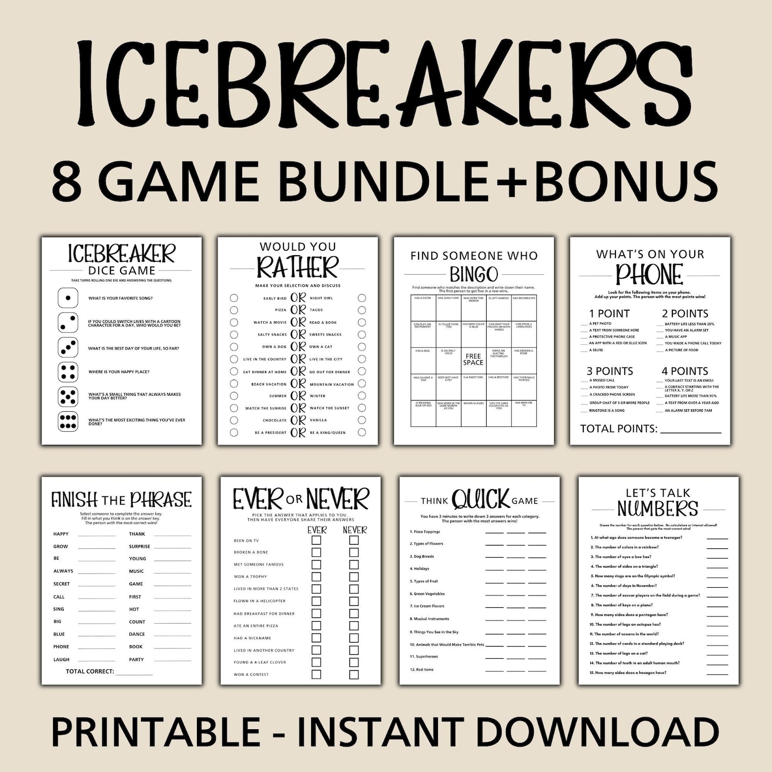 Icebreaker Games Bundle, Printable Conversation Starters, Party Starter ...