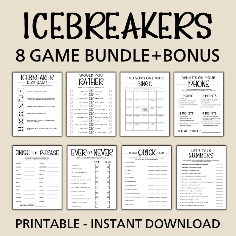 Icebreaker Games Bundle, Printable Conversation Starters, Party Starter ...