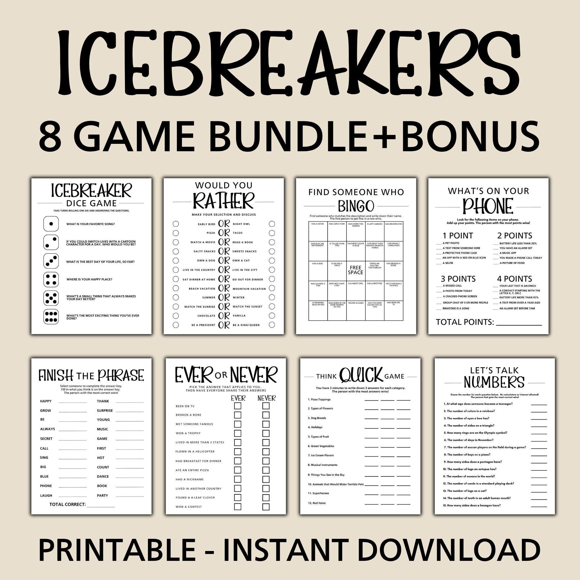 Icebreaker Games Bundle, Printable Conversation Starters, Party Starter ...