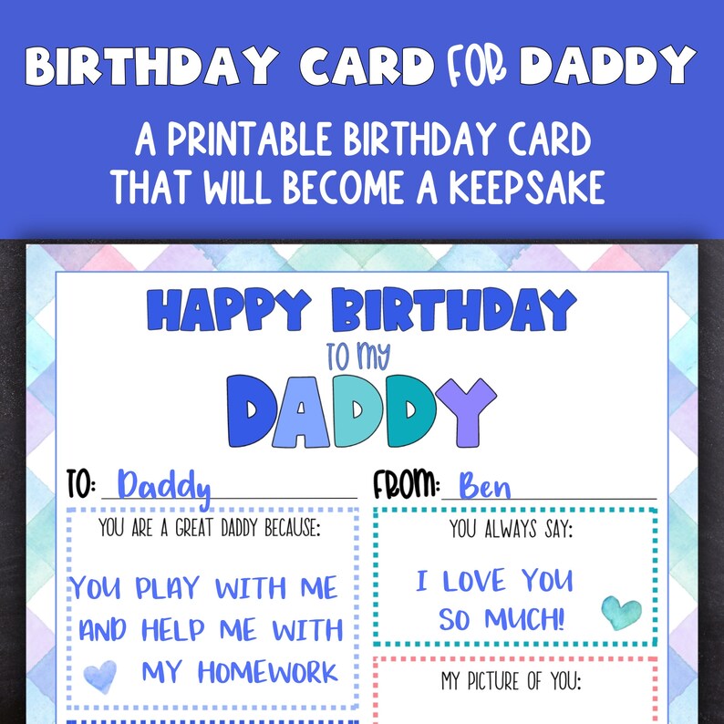 Birthday Card for Daddy, Printable Kids Birthday Card for Daddy, Dad ...