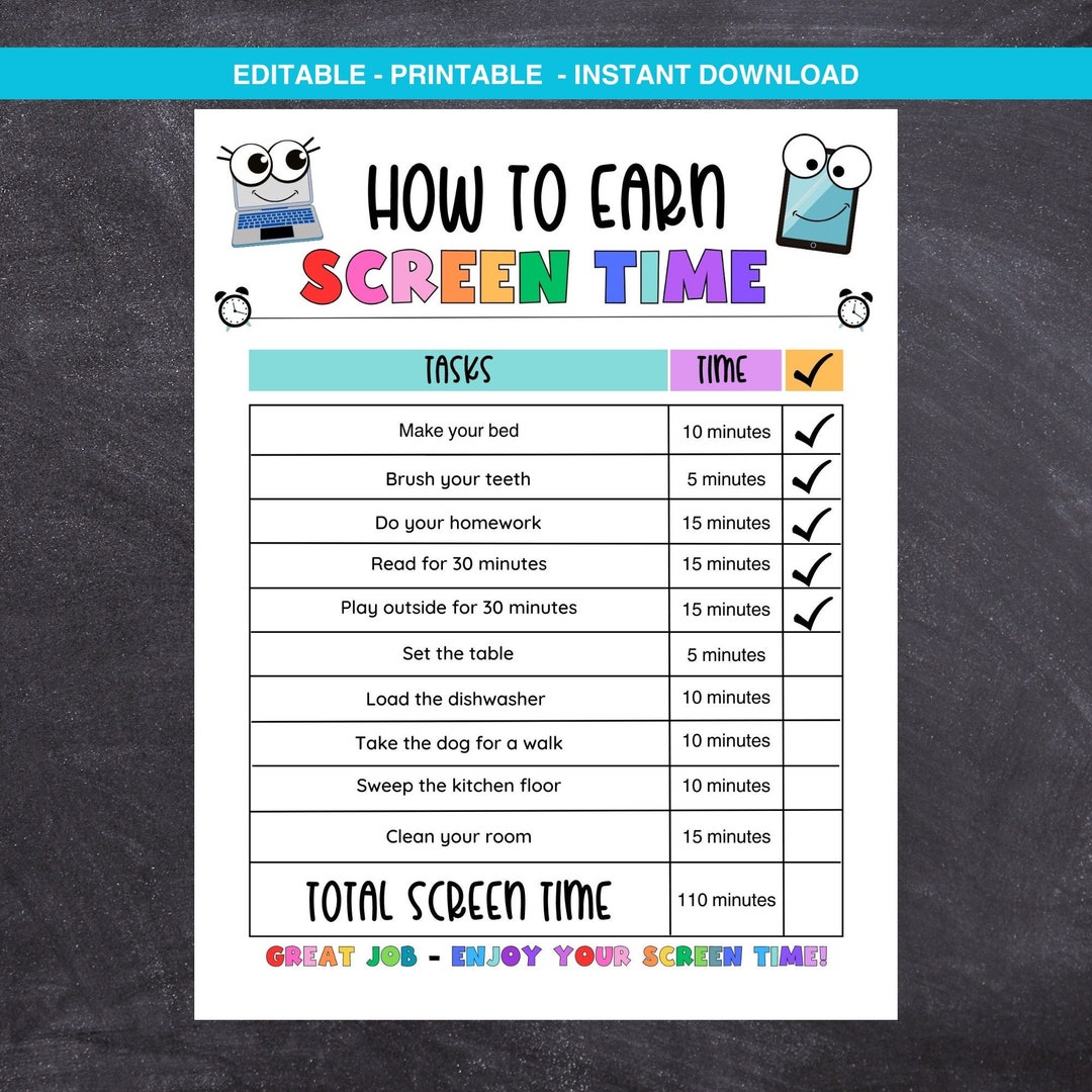 Screen Time Checklist, Editable and Printable Screen Time Chore Chart ...