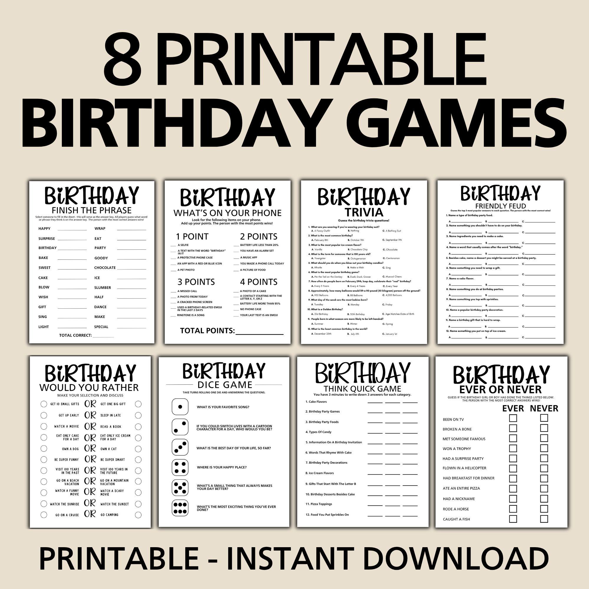 Birthday Dice Game, Printable Birthday Party Game, Birthday Trivia ...