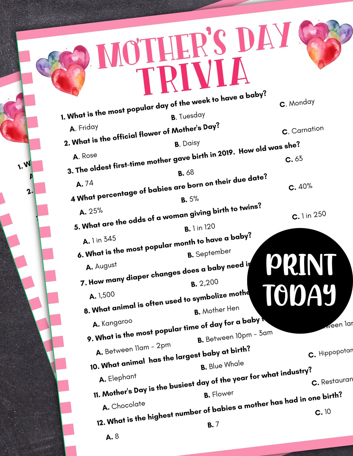 Mothers Day Trivia Game, Printable Mothers Day Game, Trivia Game ...