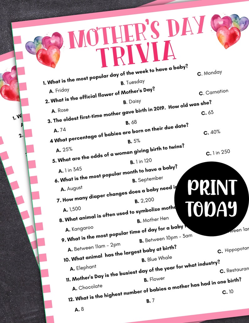 Mothers Day Trivia Game, Printable Mothers Day Game, Trivia Game ...