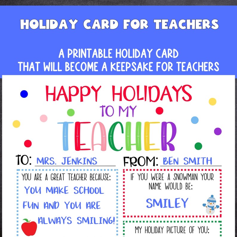 Teacher Holiday Card, Printable Kids Holiday Card for Teachers, Teacher ...