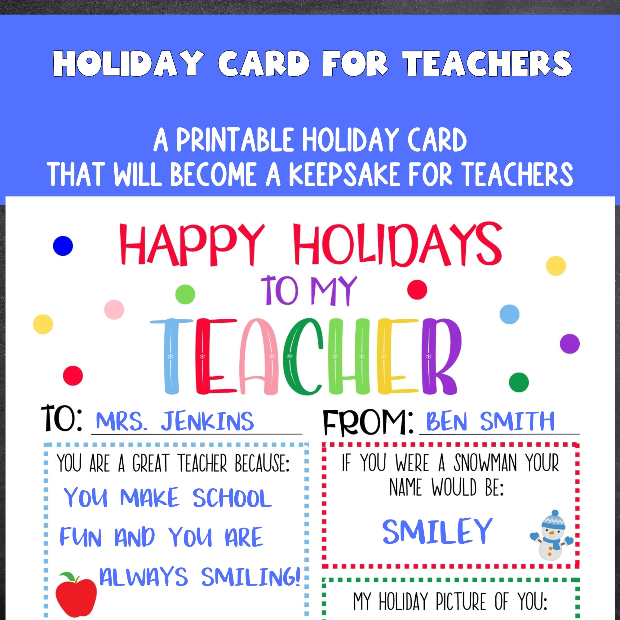 Teacher Holiday Card, Printable Kids Holiday Card for Teachers, Teacher ...