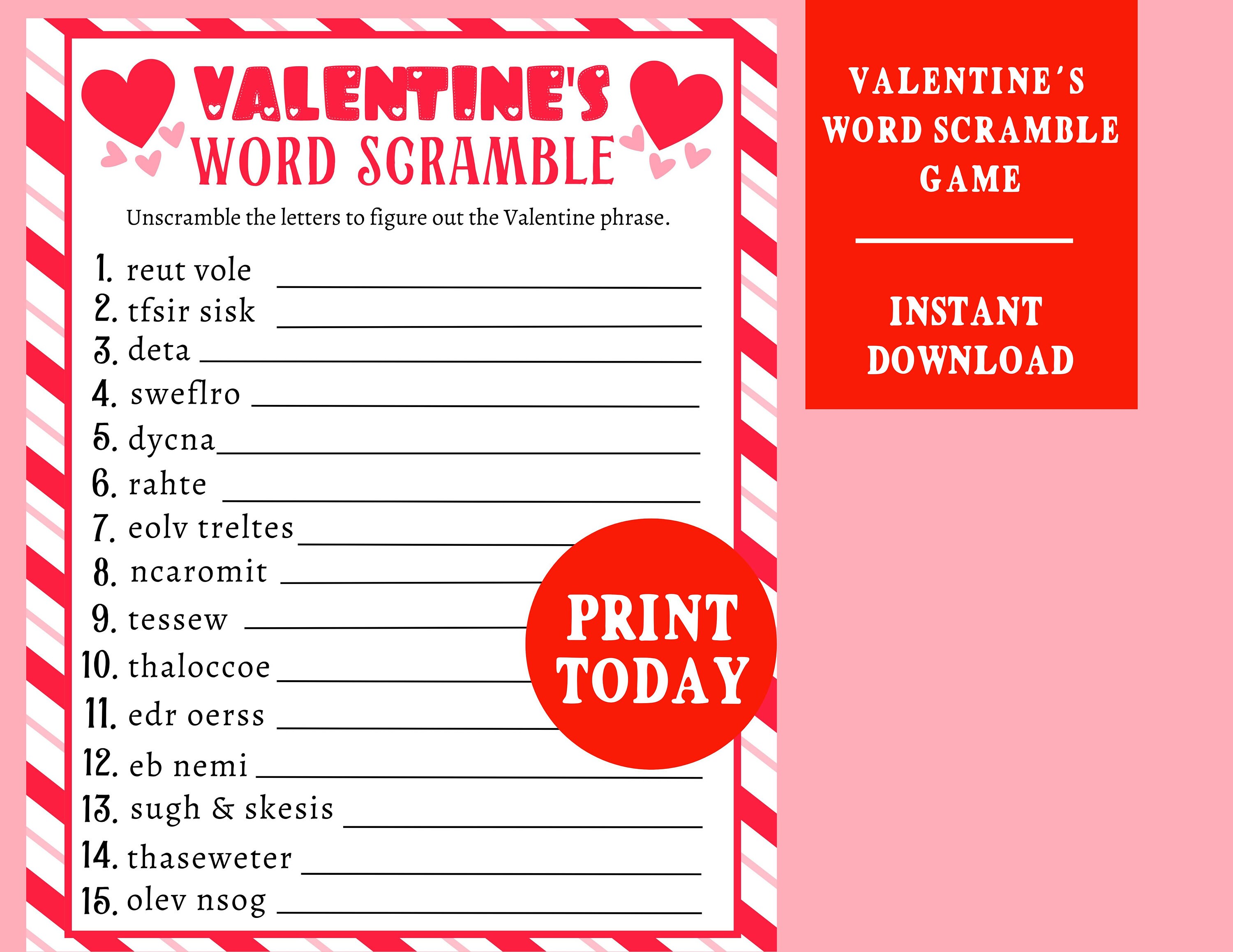Valentine's Word Scramble Game, Fun Valentine's Printable Game ...